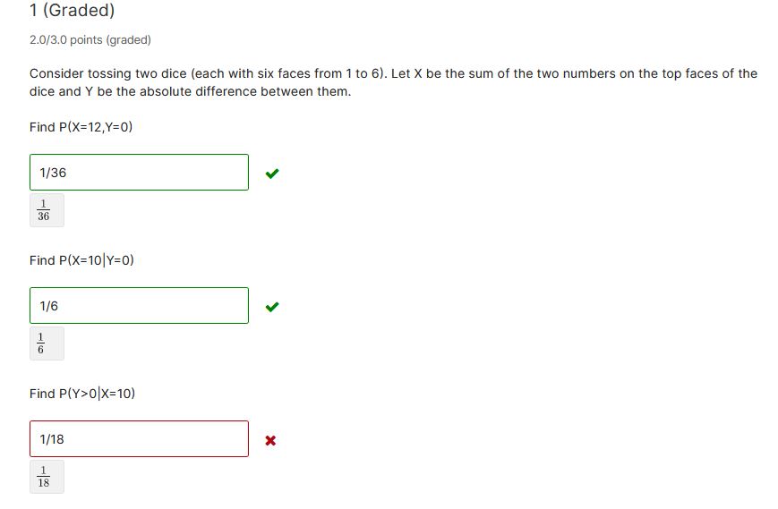 Solved 2.0/3.0 points (graded) Consider tossing two dice | Chegg.com