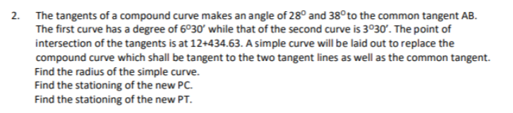Solved The tangents of a compound curve makes an angle of | Chegg.com