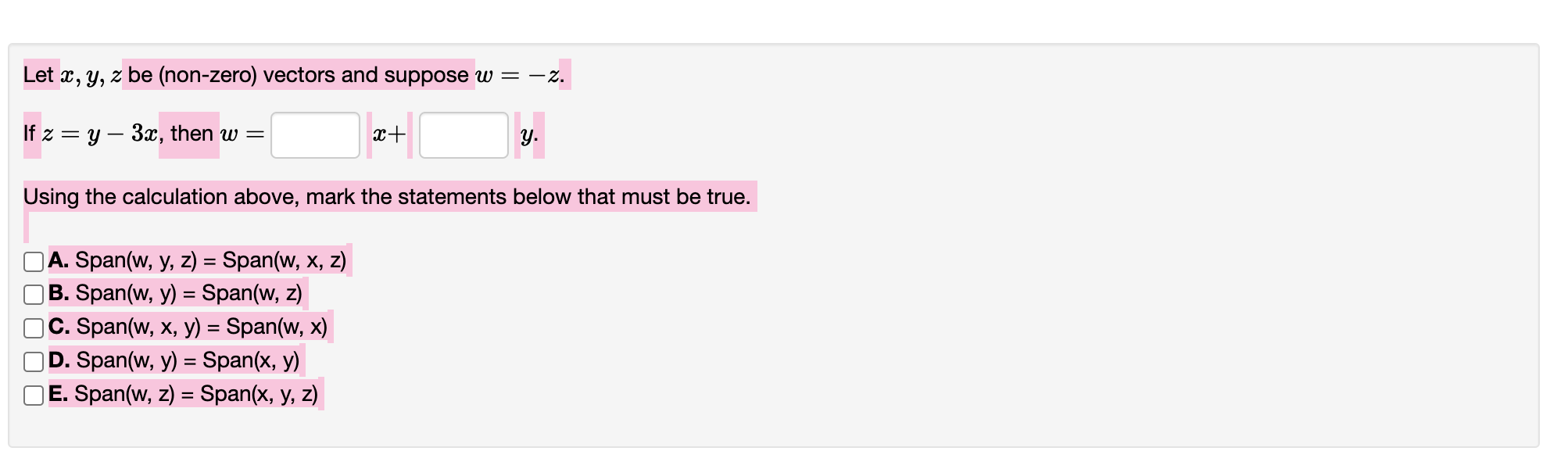 Solved Let x, y, z be (non-zero) vectors and suppose w = -2. | Chegg.com