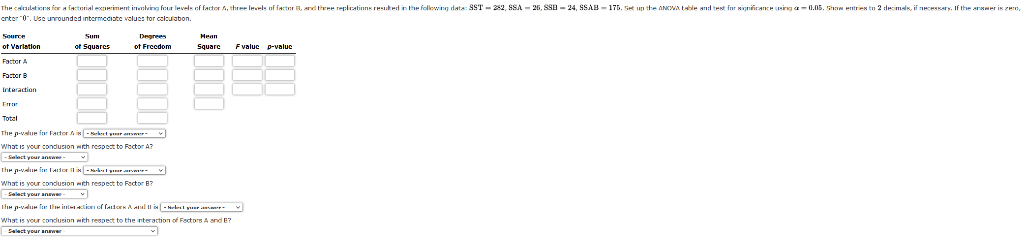 Solved The p-value for the interaction of factors A and B is | Chegg.com
