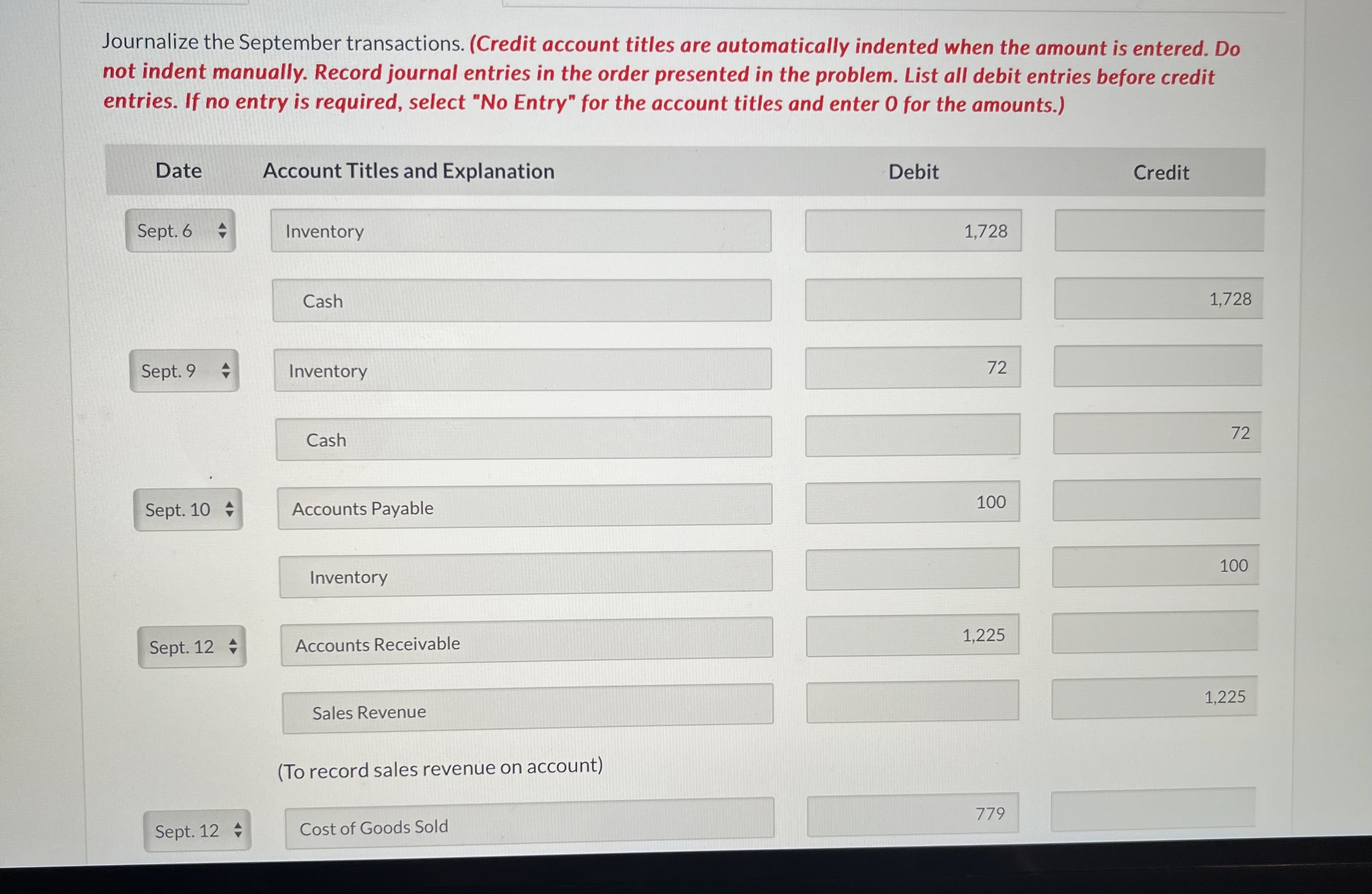 Solved Journalize the September transactions. (Credit | Chegg.com