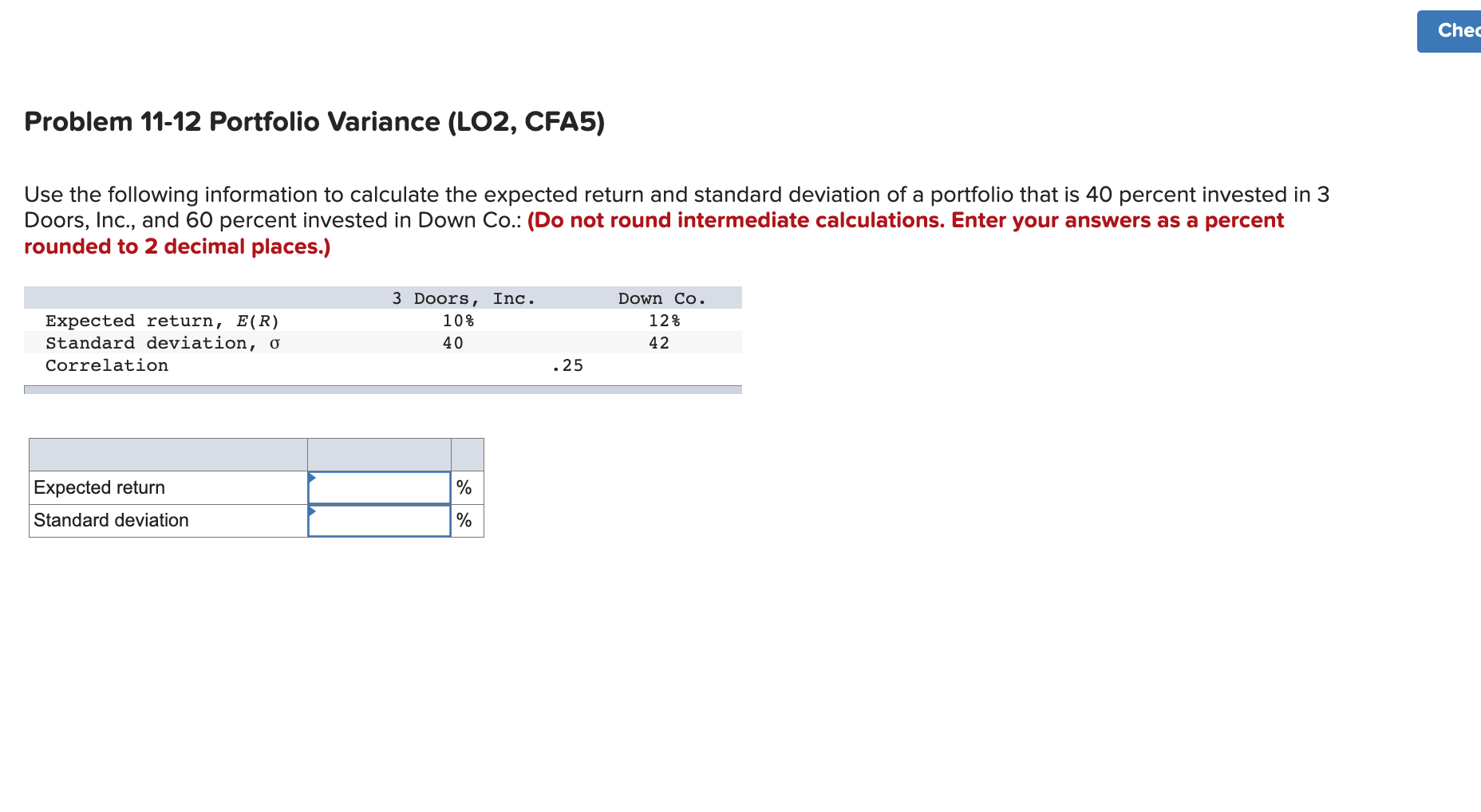 Solved Problem 11-12 Portfolio Variance (LO2, CFA5) Use the | Chegg.com
