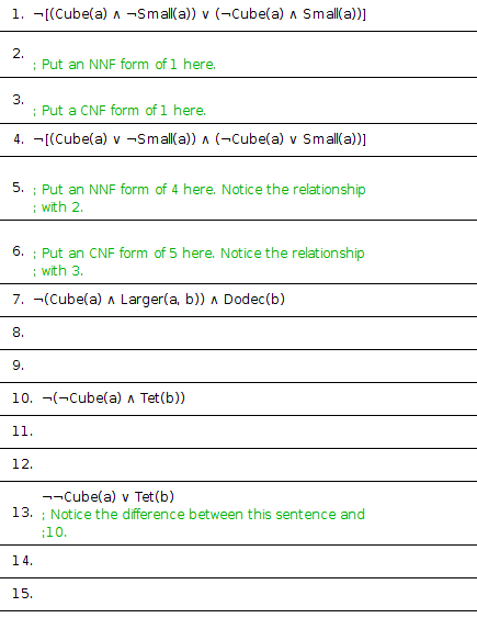 1. -[(Cube(a) -Small(a)) v (-Cube(a) A Small(a))] 2. | Chegg.com