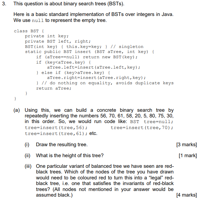 Solved 3. This question is about binary search trees (BSTs). | Chegg.com