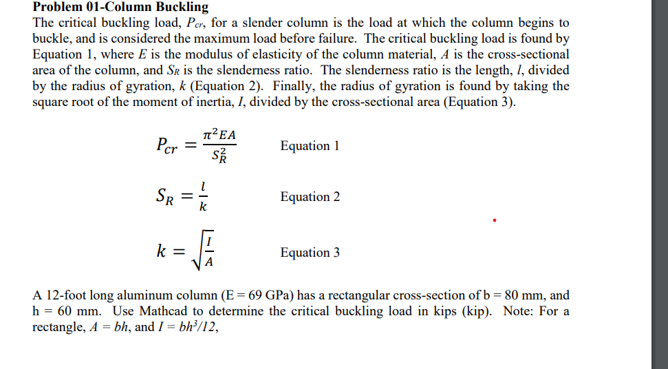 Solved Problem 01-Column Buckling The critical buckling | Chegg.com