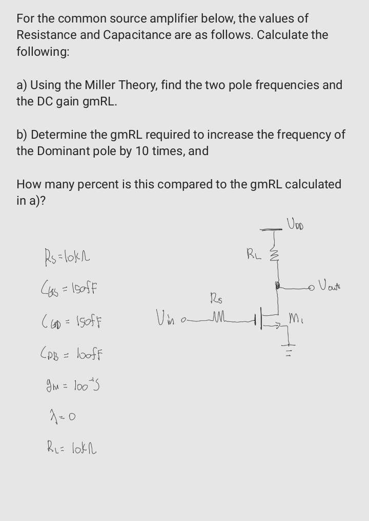 Solved For the common source amplifier below, the values | Chegg.com