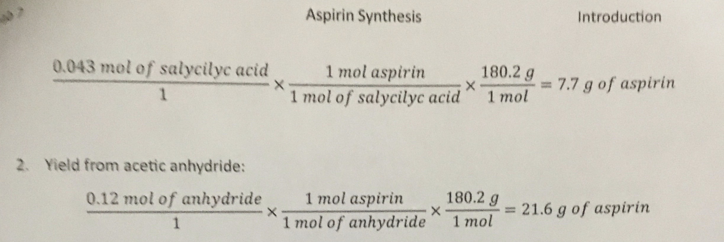 Solved Aspirin Synthesis Introduction 10.043 mol of | Chegg.com