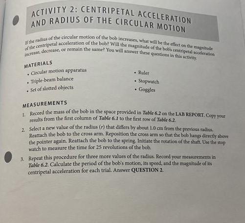 Solved AND RADIUS OF THE CIRCULAR MOTION ACTIVITY 2: | Chegg.com