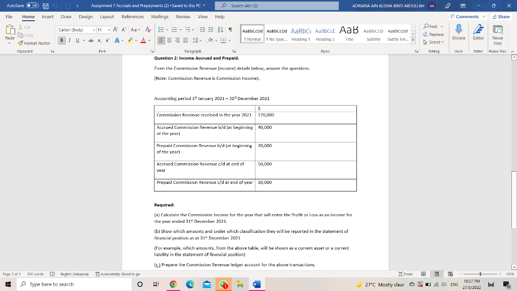 Solved AutoSave Off H 2-0 - Assignment 7 Accruals and | Chegg.com