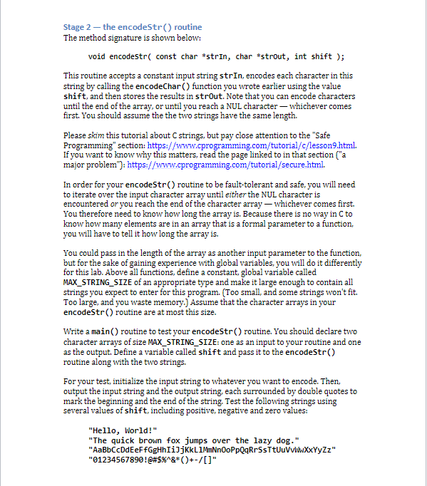 Stage 1 - the encodeChar() function The method | Chegg.com