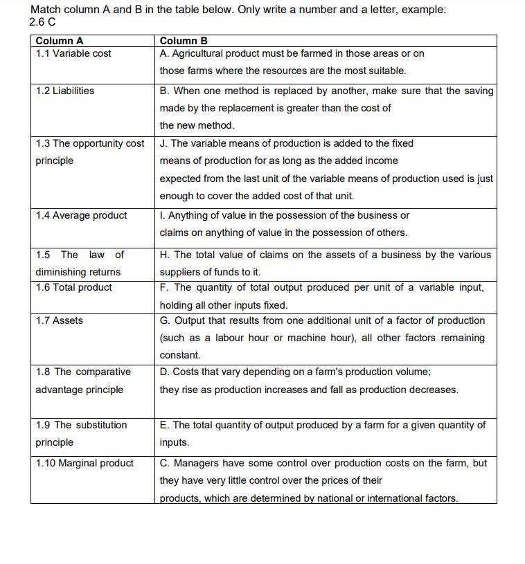 Match column A and B in the table below. Only write a | Chegg.com