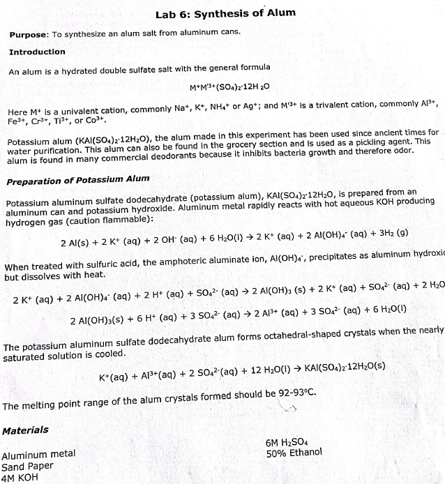 Solved Lab 6: Synthesis of Alum Purpose: To synthesize an | Chegg.com