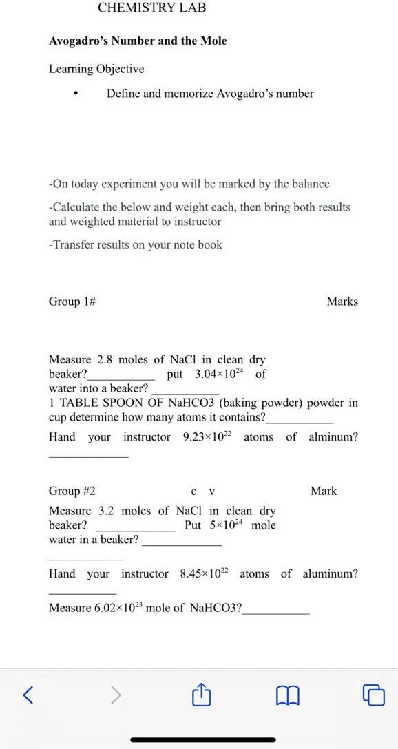 Solved CHEMISTRY LAB Avogadro's Number and the Mole Learning | Chegg.com