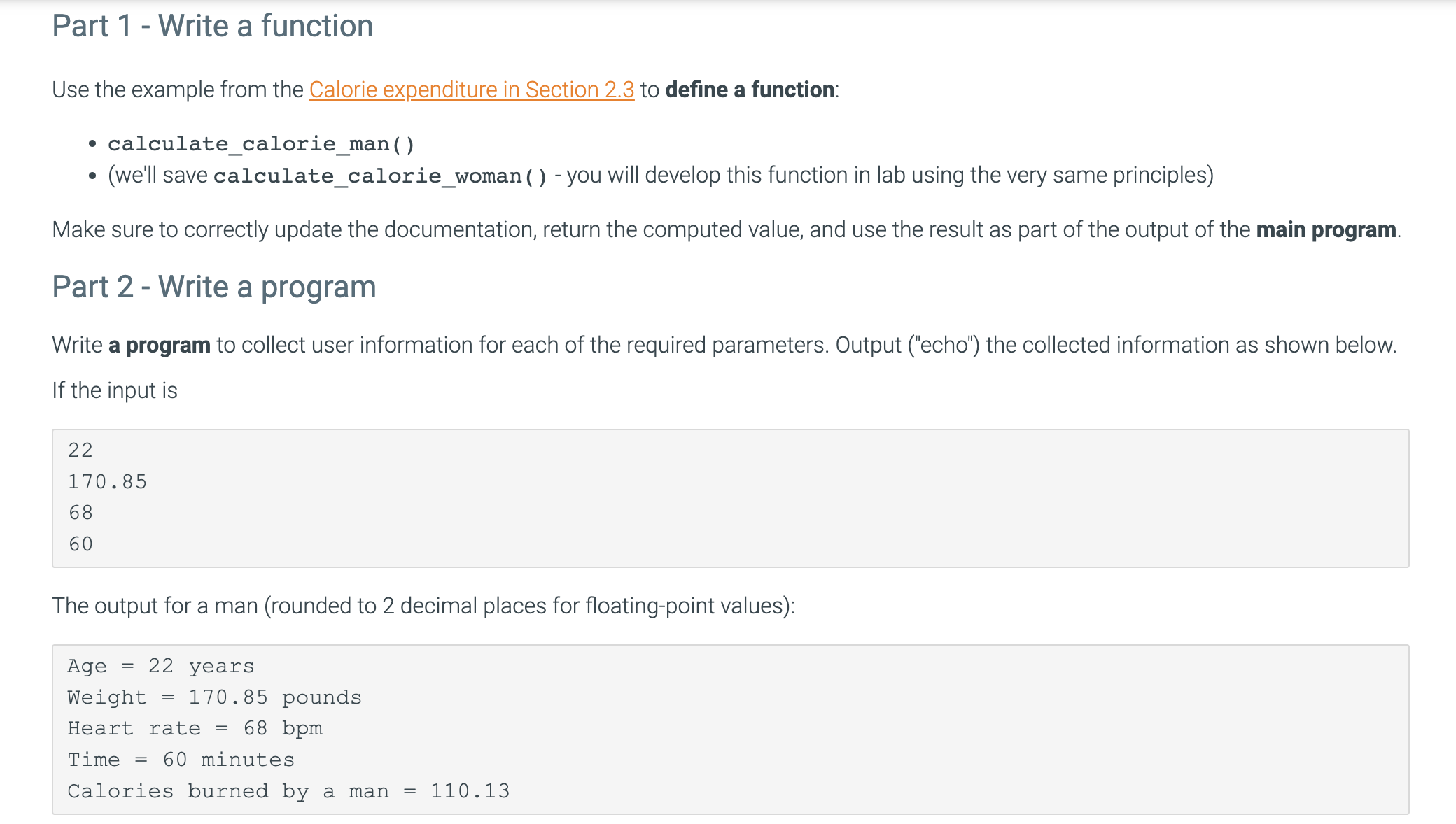 Solved Use the example from the Calorie expenditure in | Chegg.com