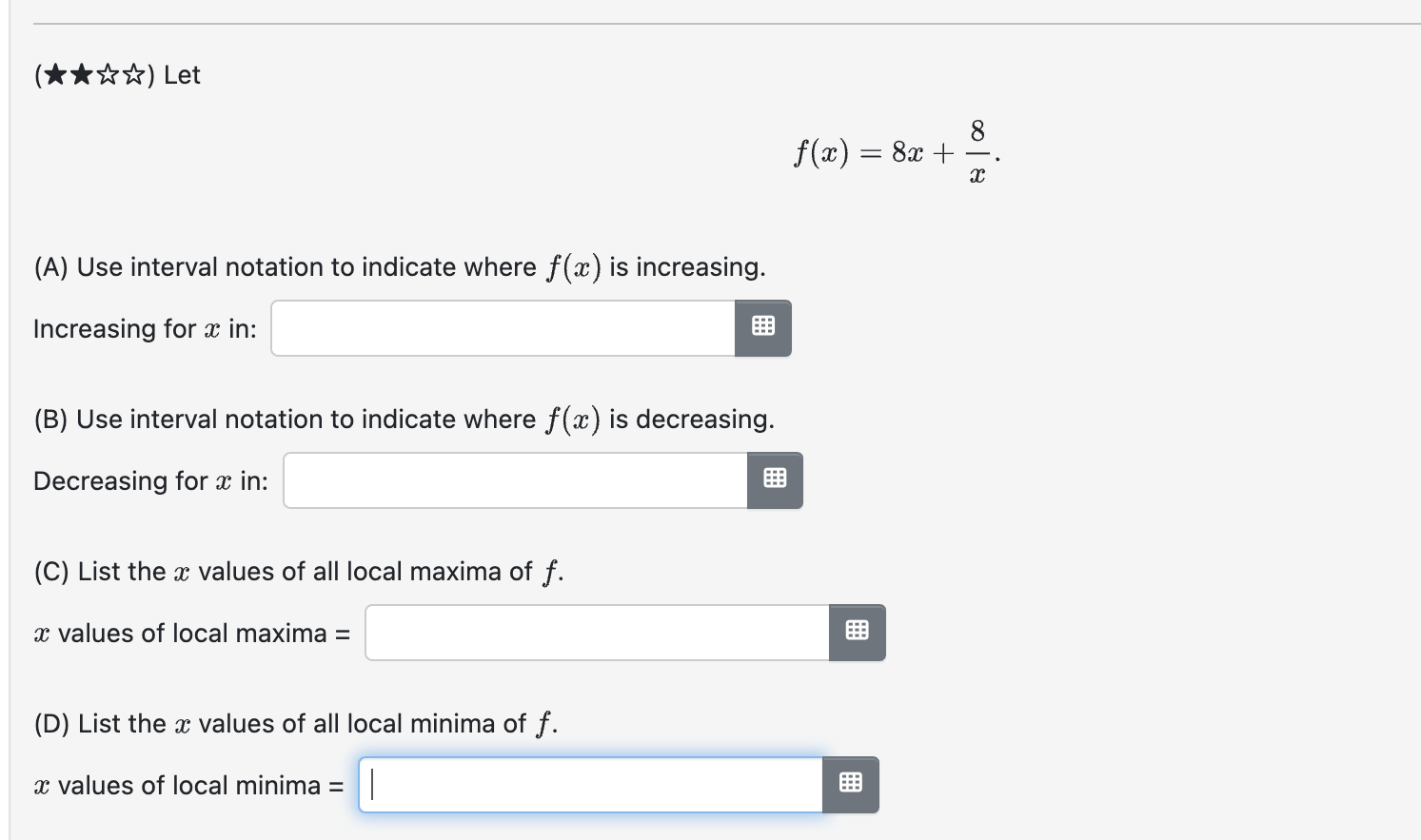 Solved (⋆⋆⋆ぇふ) Let f(x)=8x+x8 (A) Use interval notation to | Chegg.com