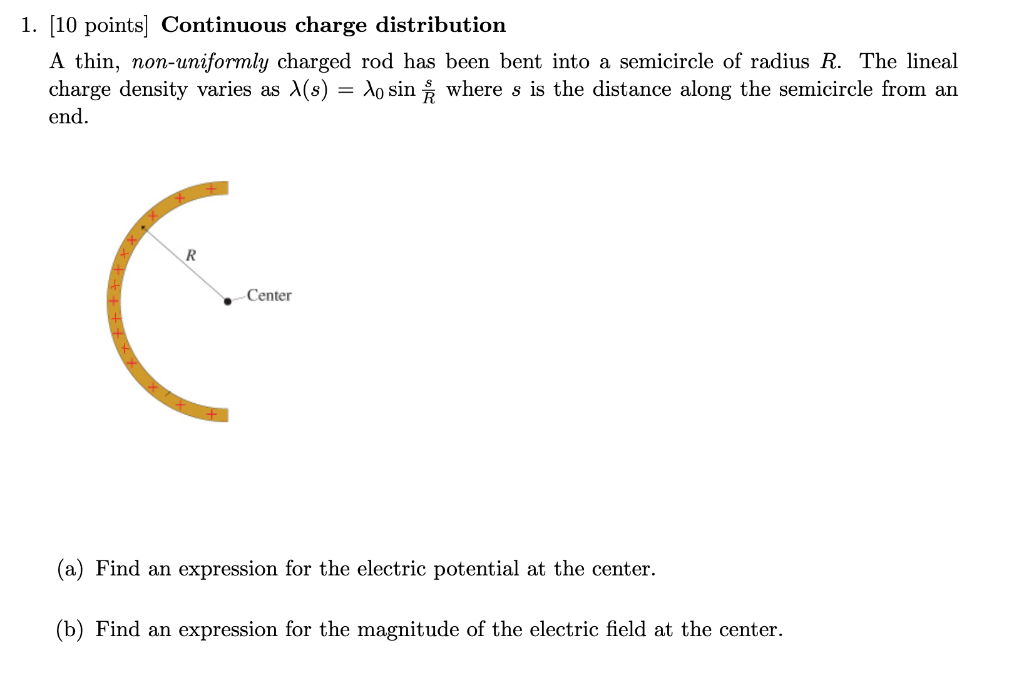 Solved 1. [10 points] Continuous charge distribution A thin, | Chegg.com