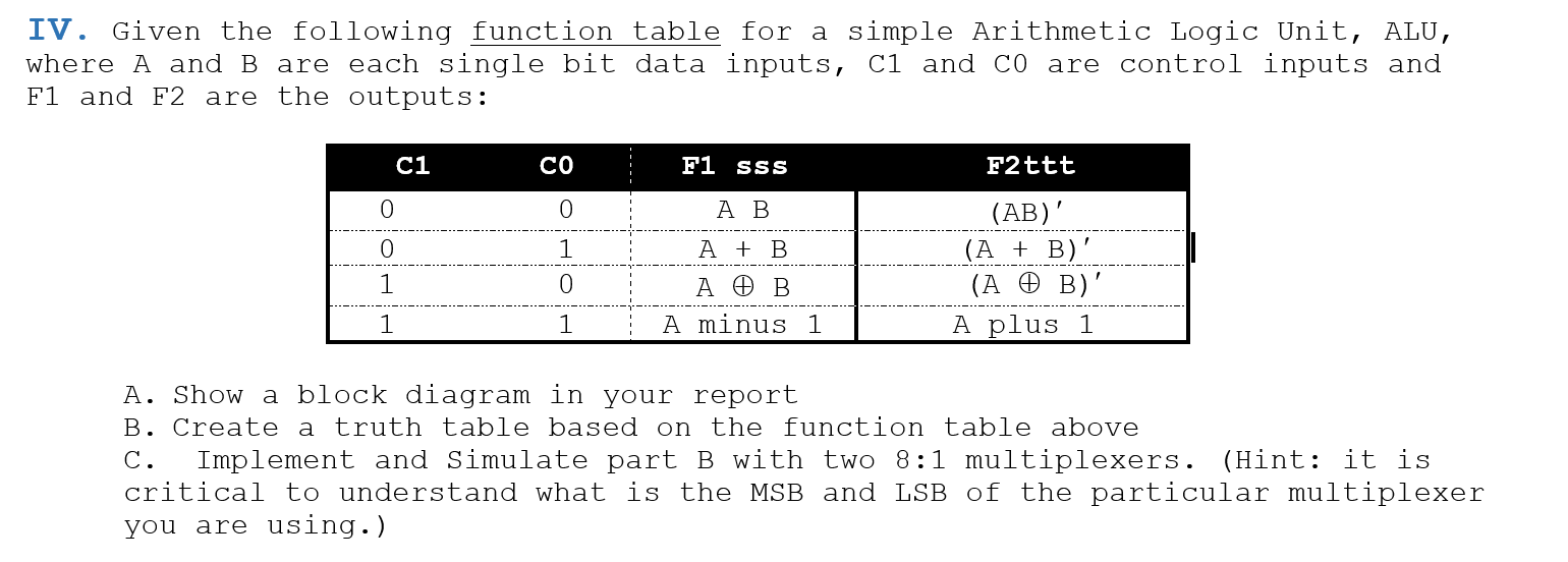 IV. Given the following function table for a simple | Chegg.com