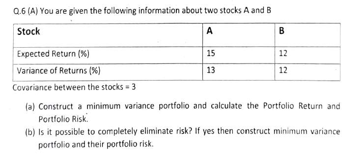 Solved Q.6 (A) ﻿You are given the following information | Chegg.com