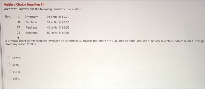 Solved Multiple Choice Question 94 Waterway Shutters has the | Chegg.com Solved Multiple Choice Question 94 Waterway Shutters has the | Chegg.com