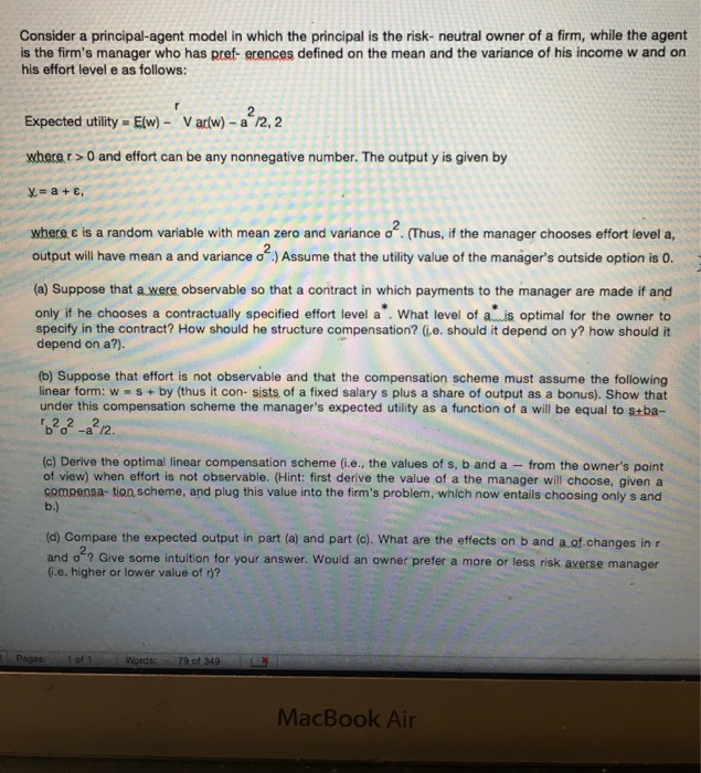 Consider a principal-agent model In which the | Chegg.com