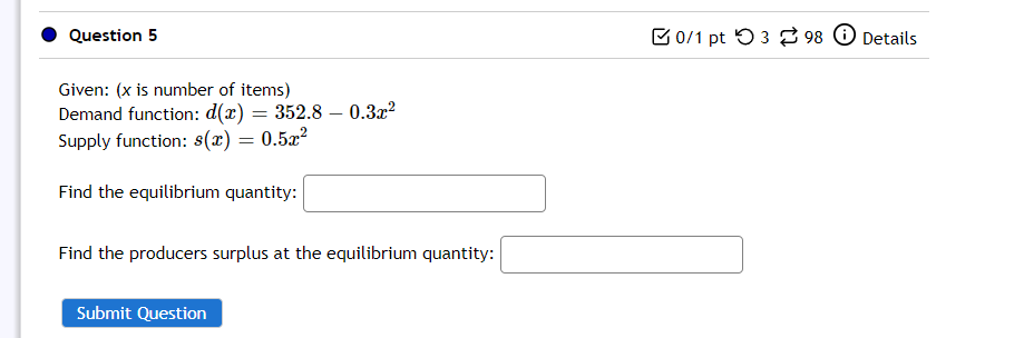 Solved Question 5 Given: (x is number of items) Demand | Chegg.com