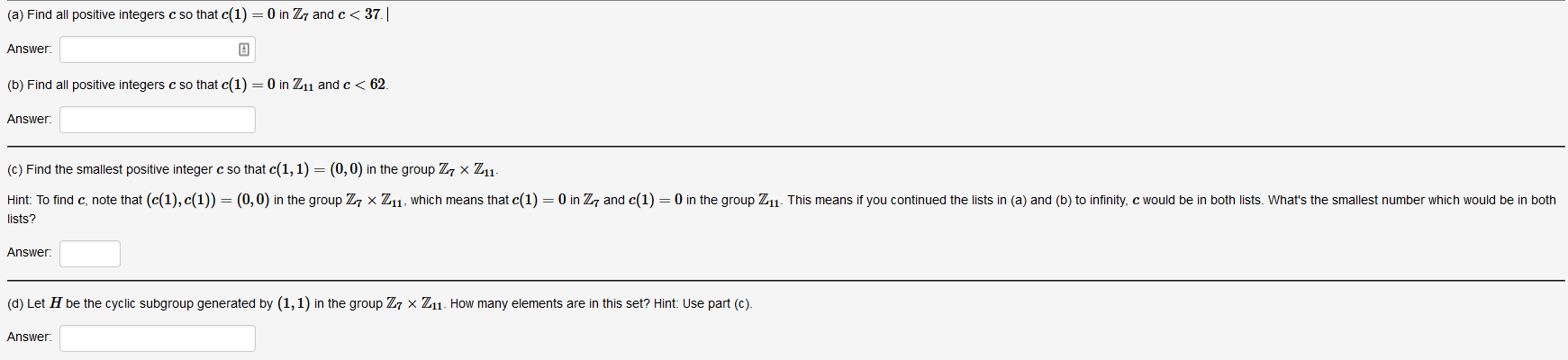 Solved (a) Find all positive integers c so that c(1) O in Z, | Chegg.com