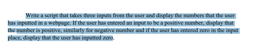 Solved HTML: Write a script that takes three inputs from | Chegg.com