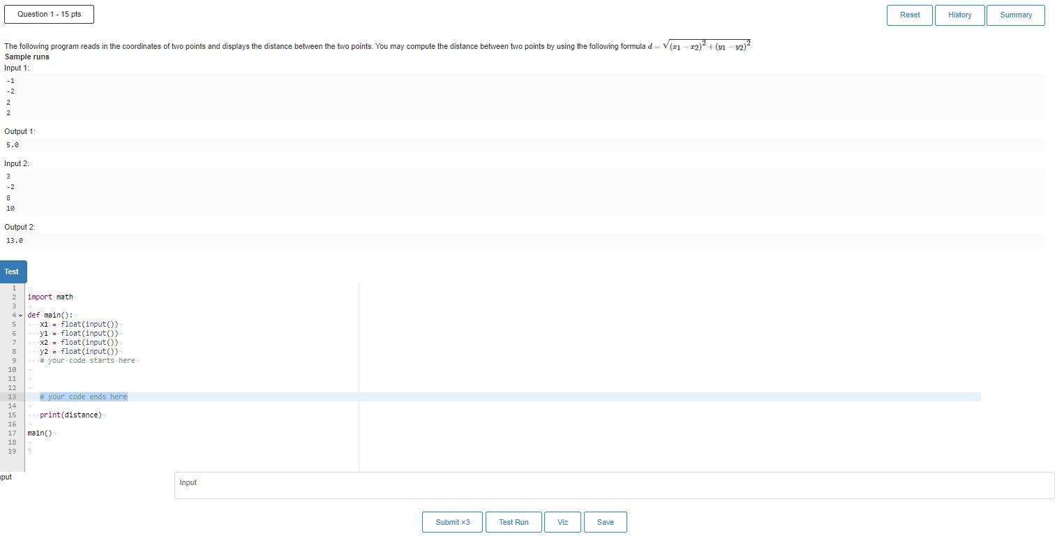 Solved The following program reads in the coordinates of two | Chegg.com