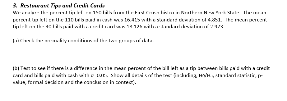 Solved 3. Restaurant Tips and Credit Cards We analyze the | Chegg.com
