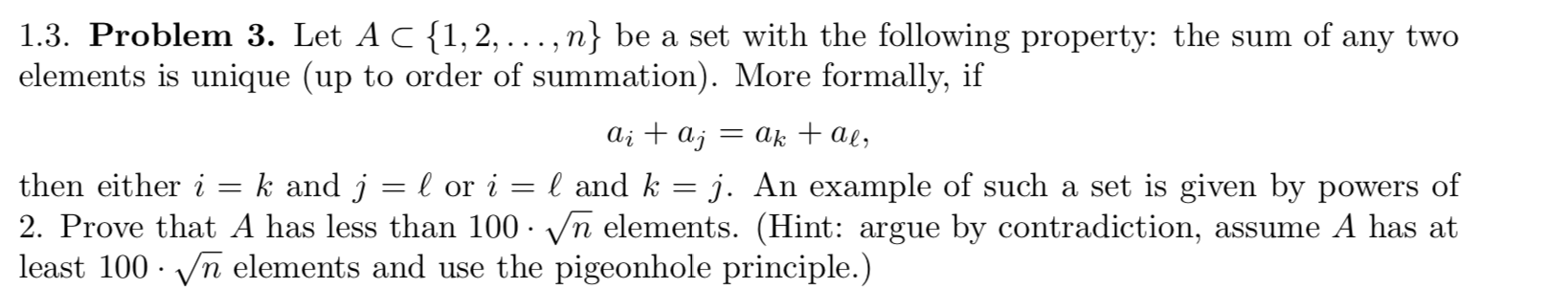 Solved 1.3. Problem 3. Let A C{1, 2, ..., n} be a set with | Chegg.com