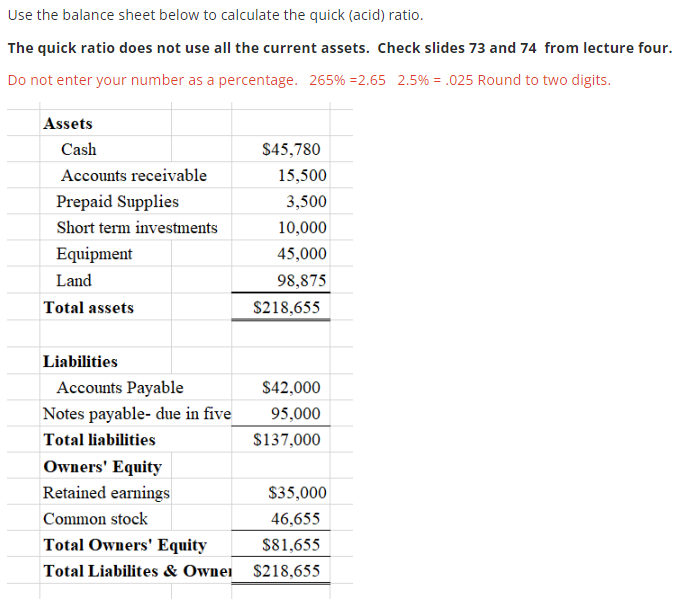 Use the balance sheet below to calculate the quick | Chegg.com