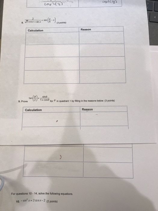 Solved enper 2 Sec cosx+sin x (3 points) Reason Calculation | Chegg.com