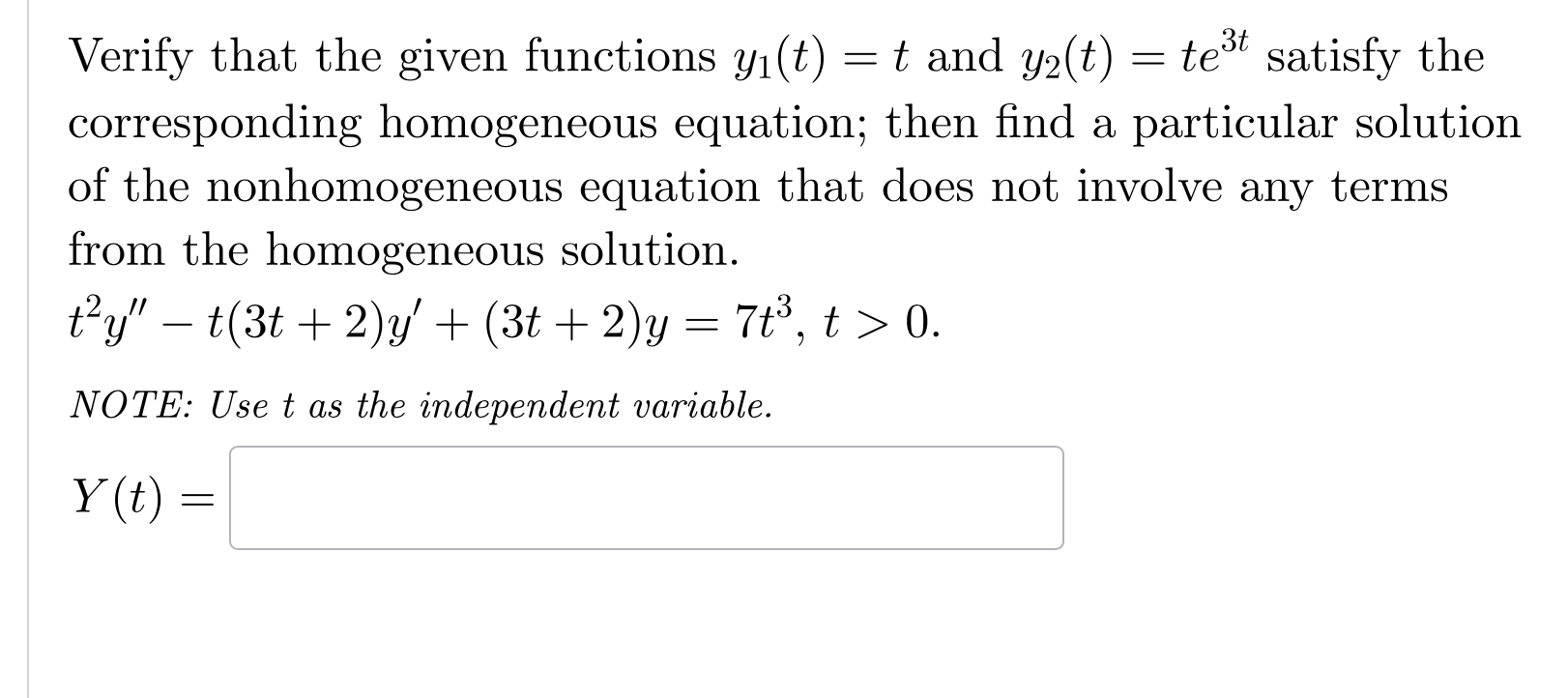 Solved Verify that the given functions y1(t)=t and | Chegg.com