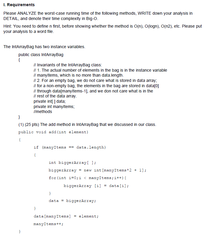 Solved I. Requirements Please ANALYZE the worst-case running | Chegg.com