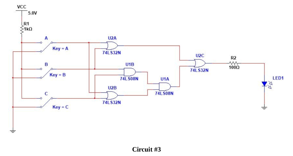 VCC 5.0V R1 U2A Key -A 74LS32N U2C R2 U1B 1000 | Chegg.com