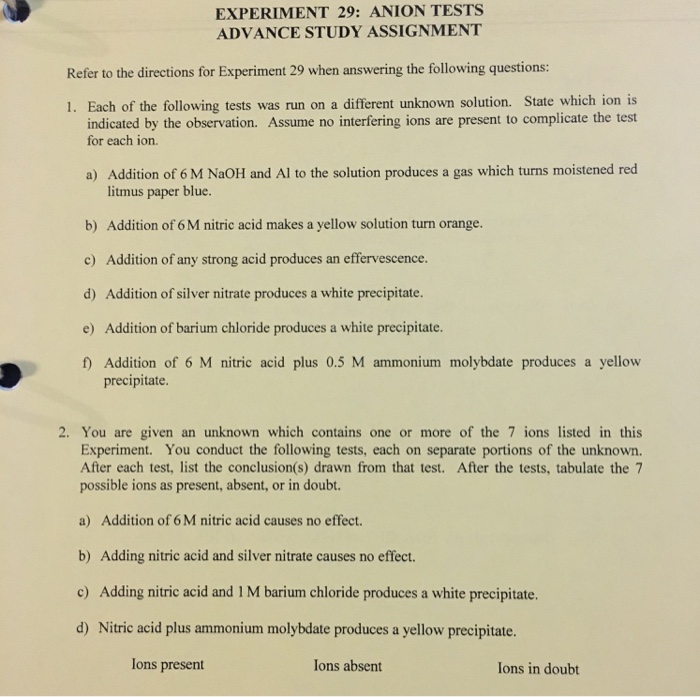 Solved EXPERIMENT 29: ANION TESTS ADVANCE STUDY ASSIGNMENT | Chegg.com