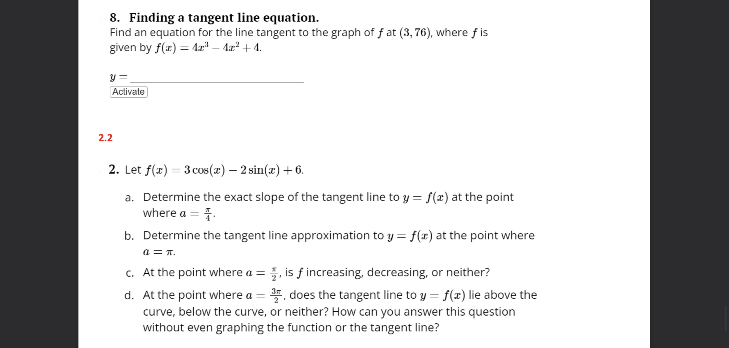 Solved 8. Finding a tangent line equation. Find an equation | Chegg.com