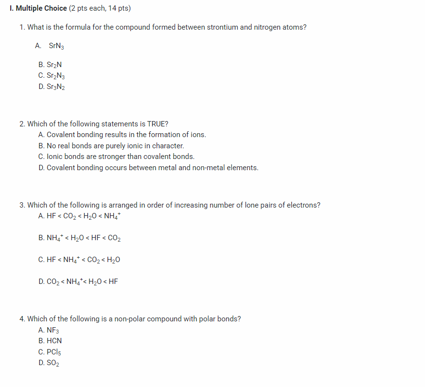 Solved I. Multiple Choice (2 pts each, 14 pts) 1. What is | Chegg.com