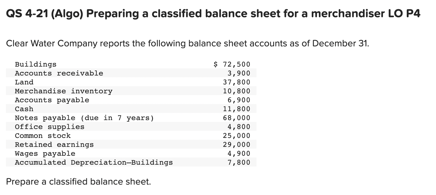 Solved QS 4-21 (Algo) Preparing a classified balance sheet | Chegg.com