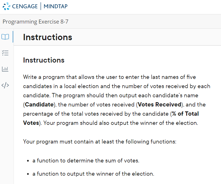 Solved CENGAGE | MINDTAP Programming Exercise 8-7 m | Chegg.com