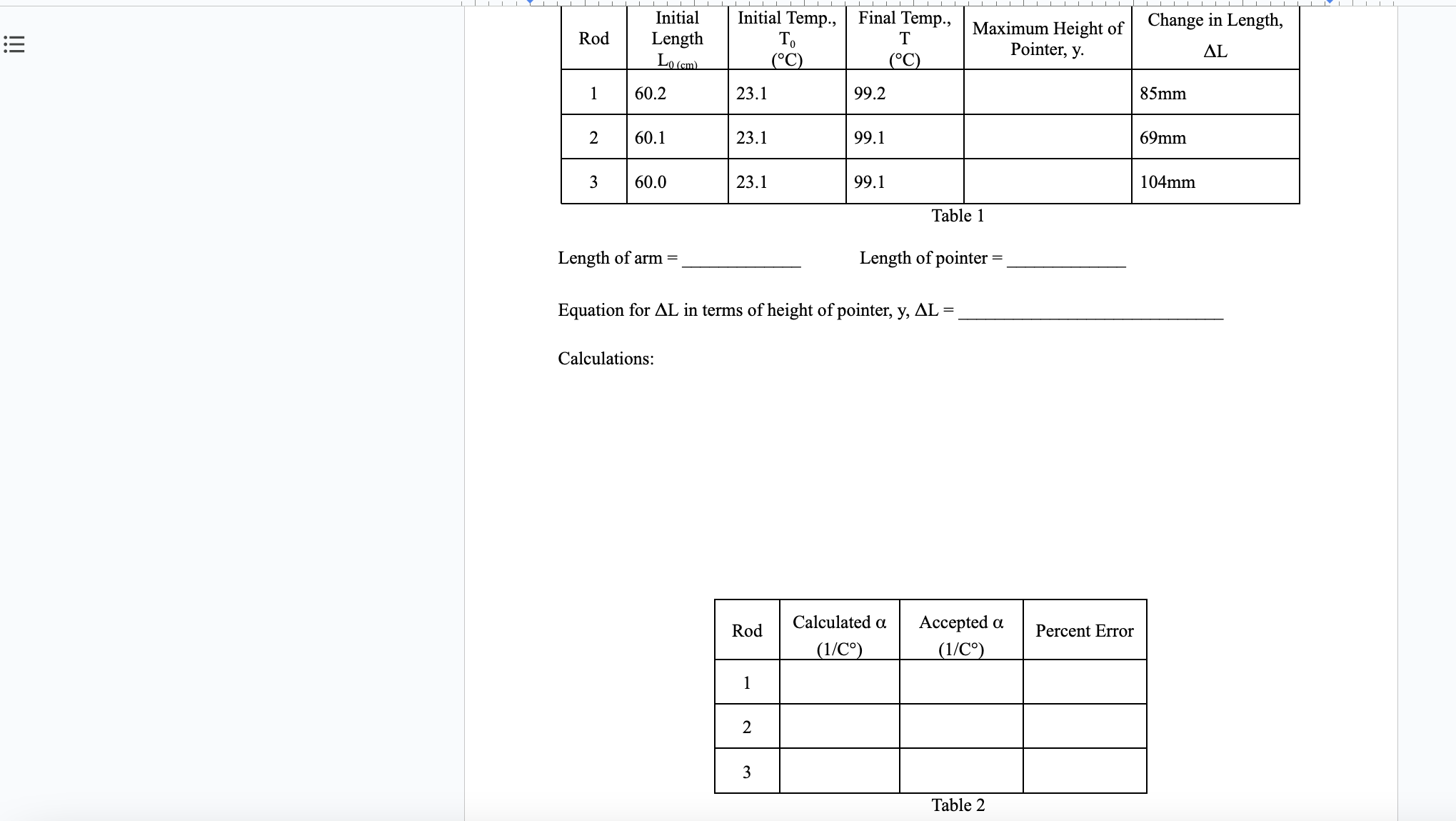 Solved Equation for ΔL in terms of height of pointer, y,ΔL= | Chegg.com