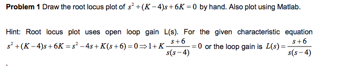 Solved Problem 1 Draw the root locus plot of s? +(K-4)s +6K | Chegg.com