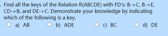 Solved Find all the keys of the Relation R(ABCDE) with FD's: | Chegg.com