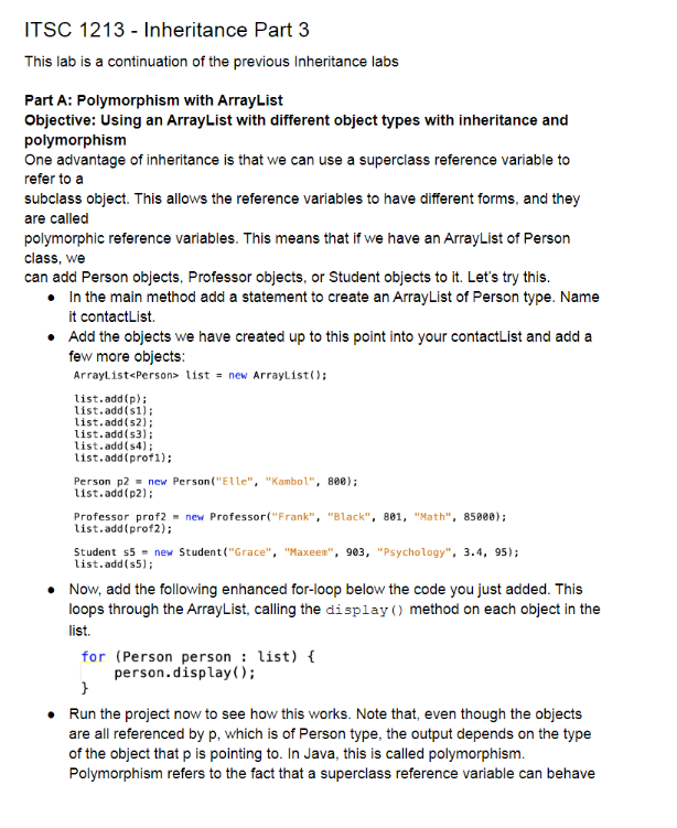ITSC 1213 - Inheritance Part 3 This lab is a | Chegg.com