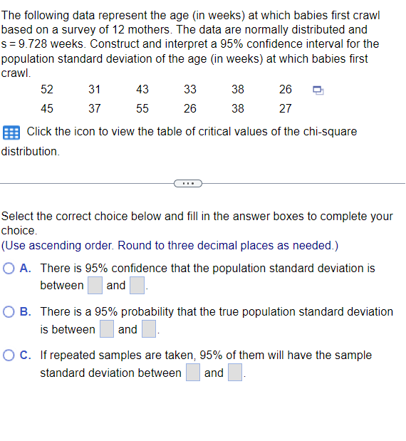 Solved The following data represent the age (in weeks) ﻿at | Chegg.com