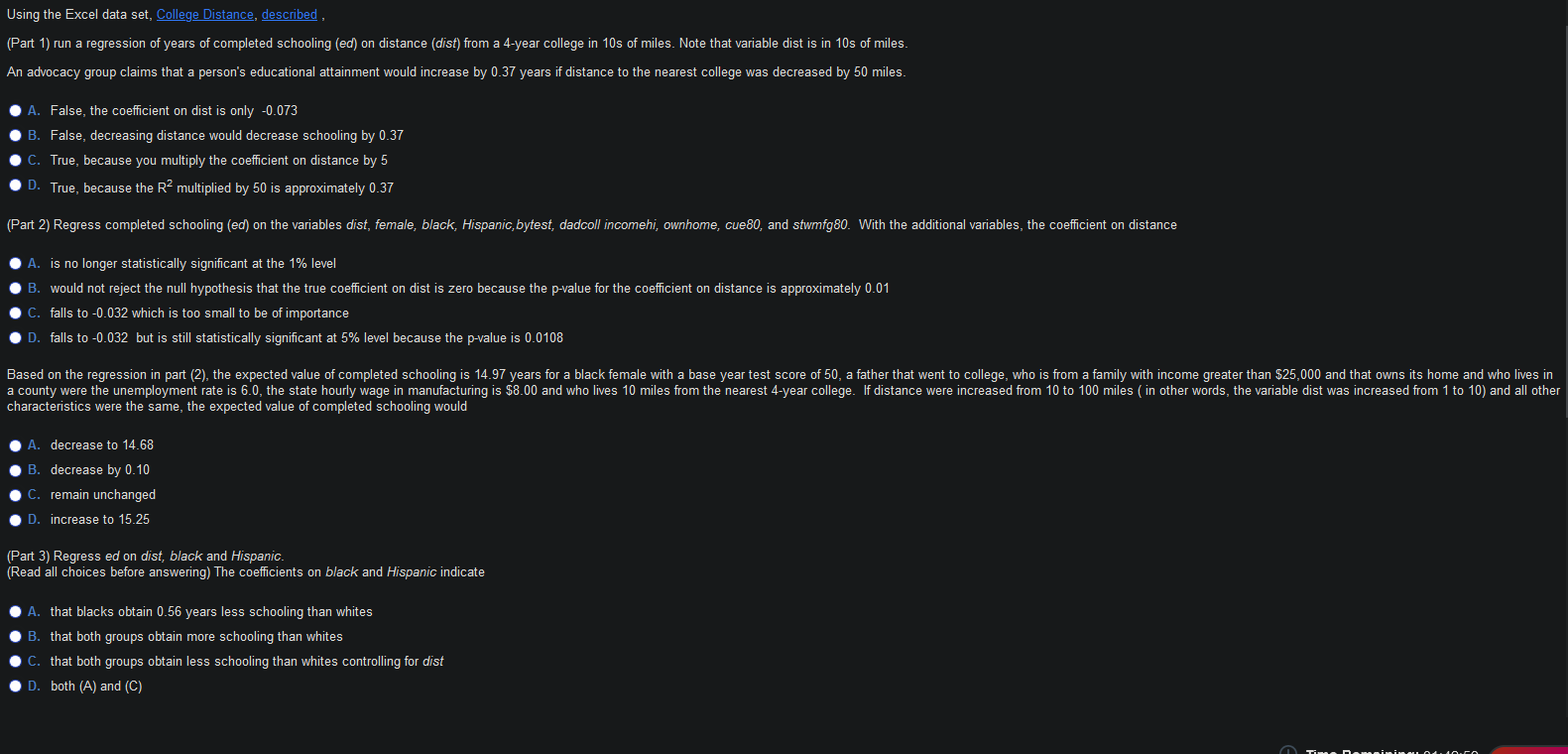 Solved Using the Excel data set, College Distance, | Chegg.com