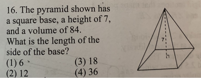 Solved 16. The pyramid shown has a square base, a height of | Chegg.com