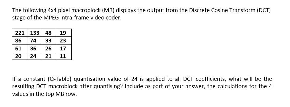 Solved The following 4x4 pixel macroblock (MB) displays the | Chegg.com