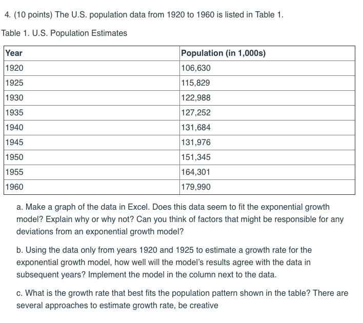 Solved 4. (10 points) The U.S. population data from 1920 to | Chegg.com