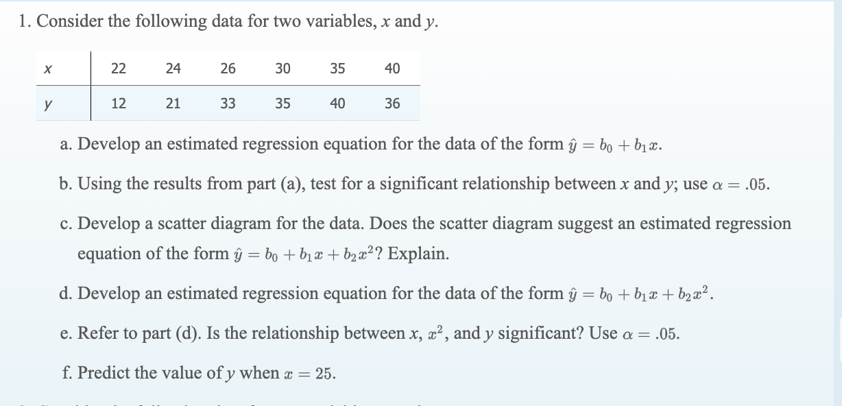 Solved 1. Consider the following data for two variables, x | Chegg.com